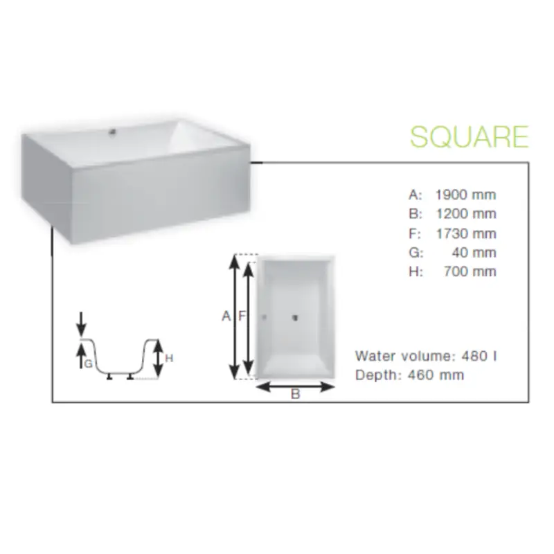 Danline Square, badekar - 190 x 120 cm